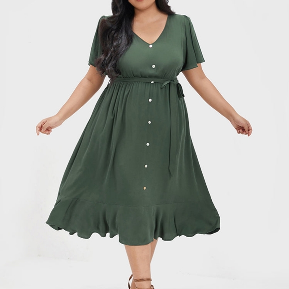 BloomChic | Dresses | Bloomchic Solid V Neck Ruffled Pocket Button ...